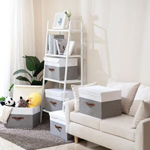 Yawinhe Collapsible Storage Boxes 1 Pack, Linen Fabric Storage Baskets Washable, with Lids and Leather Handle, for Home Bedroom Closet Office, (White/Grey, 15.0x9.8x9.8in), USNK024WGL-1