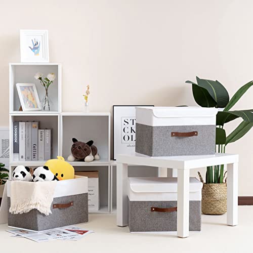 Yawinhe Collapsible Storage Boxes 1 Pack, Linen Fabric Storage Baskets Washable, with Lids and Leather Handle, for Home Bedroom Closet Office, (White/Grey, 15.0x9.8x9.8in), USNK024WGL-1