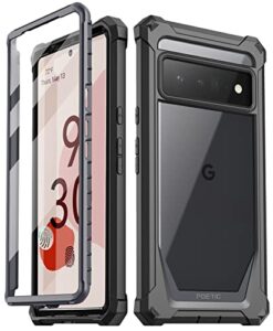 poetic guardian case designed for google pixel 6 pro 5g, built-in screen protector work with fingerprint id, full body hybrid shockproof bumper cover case, black/clear