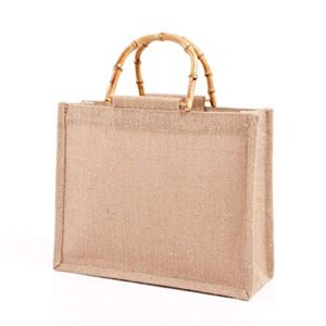 kingjinglo portable burlap jute shopping bag handbag bamboo loop handles reusable tote grocery bags for women girls