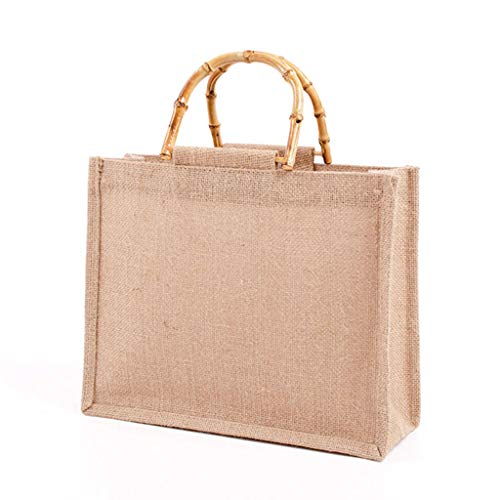 Kingjinglo Portable Burlap Jute Shopping Bag Handbag Bamboo Loop Handles Reusable Tote Grocery Bags for Women Girls