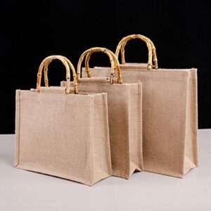 Kingjinglo Portable Burlap Jute Shopping Bag Handbag Bamboo Loop Handles Reusable Tote Grocery Bags for Women Girls