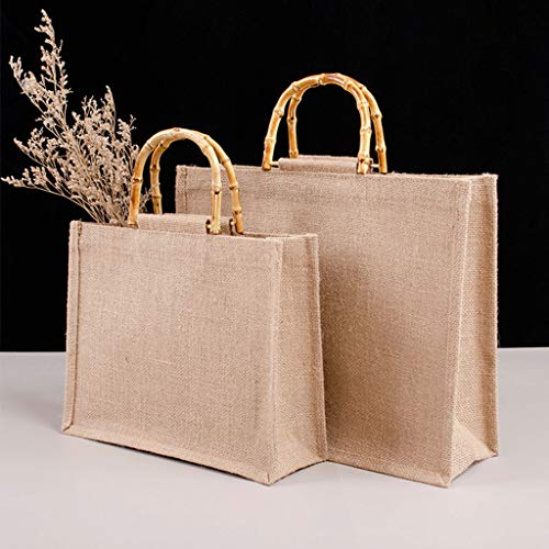 Kingjinglo Portable Burlap Jute Shopping Bag Handbag Bamboo Loop Handles Reusable Tote Grocery Bags for Women Girls