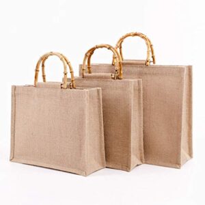 Kingjinglo Portable Burlap Jute Shopping Bag Handbag Bamboo Loop Handles Reusable Tote Grocery Bags for Women Girls