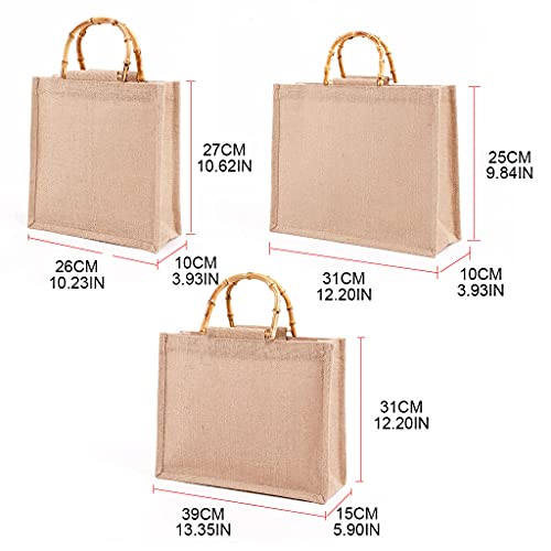 Kingjinglo Portable Burlap Jute Shopping Bag Handbag Bamboo Loop Handles Reusable Tote Grocery Bags for Women Girls