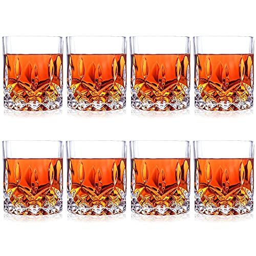 QUMMFA Whiskey Glasses, Set of 8 Cocktail Glasses, 10 OZ Old Fashioned Glasses for Drinking Scotch Bourbon Cognac Vodka Gin Tequila Rum Liquor Rye, Rocks Glasses, Crystal Scotch Glasses