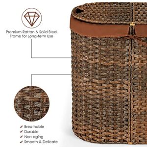 MAT EXPERT Rattan Laundry Hampers, Laundry Baskets with 2 Detachable Canvas Bags, Divided Laundry Hamper with Lids & Handles, Handwoven Oval Landry Bin, Clothes Hamper for Laundry Room/Bedroom (Brown)