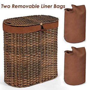 MAT EXPERT Rattan Laundry Hampers, Laundry Baskets with 2 Detachable Canvas Bags, Divided Laundry Hamper with Lids & Handles, Handwoven Oval Landry Bin, Clothes Hamper for Laundry Room/Bedroom (Brown)