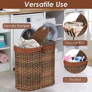 MAT EXPERT Rattan Laundry Hampers, Laundry Baskets with 2 Detachable Canvas Bags, Divided Laundry Hamper with Lids & Handles, Handwoven Oval Landry Bin, Clothes Hamper for Laundry Room/Bedroom (Brown)