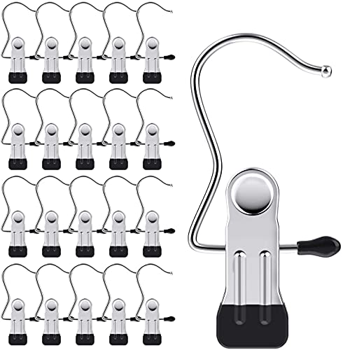 HOUTIONWELL 20 Pack Laundry Hook Boot Hanging Hold Clips Portable Hanging Clothes Pins Hanging Hooks White Stainless Steel Home Travel Hangers Multi-Functional Heavy Duty Organizer Pants Shoes Clip