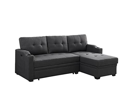 Lilola Home Mabel Dark Gray Linen Fabric Sleeper Sectional with cupholder, USB Charging Port and Pocket