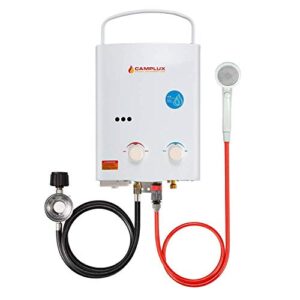 camplux 5l outdoor portable water heater, 1.32 gpm tankless propane gas water heater for rv, camping, barns, white