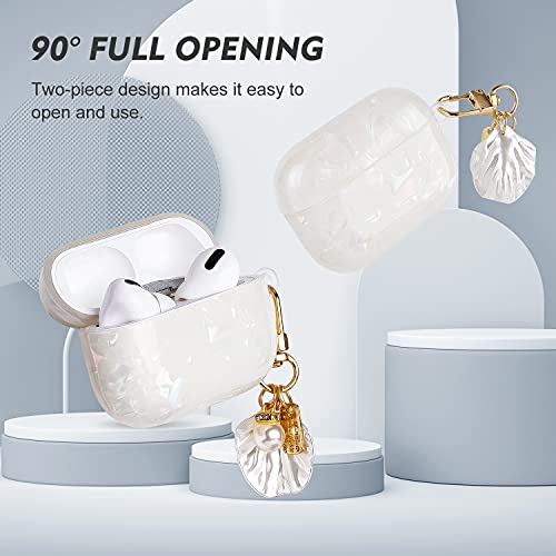 Airpods pro Case with Shell Pearl Keychain, Cute Airpods pro 3 Protective Cover Skin for Girl Women Men Glitter Soft TPU Case Compatible with Apple AirPod Pro 2019 (White Pearlescent)