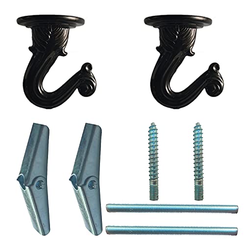 2 Pack Black Swag Ceiling Hooks and Hardware Set for Hanging Plants, Heavy Duty Swag Hooks with Steel Screws/Bolts and Toggle Wings for Ceiling Installation Wall Fixing