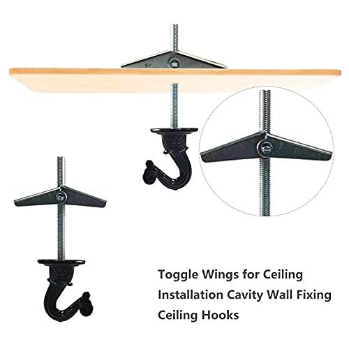 2 Pack Black Swag Ceiling Hooks and Hardware Set for Hanging Plants, Heavy Duty Swag Hooks with Steel Screws/Bolts and Toggle Wings for Ceiling Installation Wall Fixing