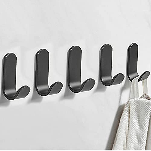 5 Pack Adhesive Hook Black Heavy Duty Towel Hooks Stick on Wall Door Hanging Without Nails Towels Coat Clothes Self Adhesive Sticky Hooks for Bathrooms Kitchen Home