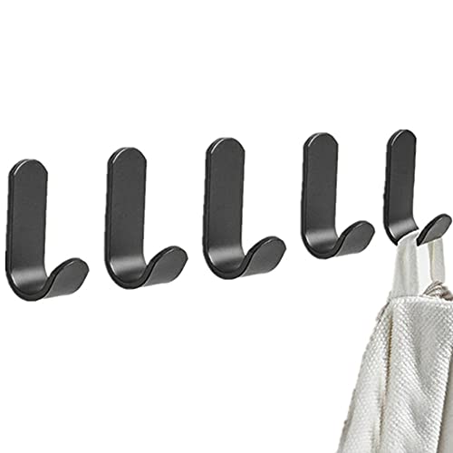 5 Pack Adhesive Hook Black Heavy Duty Towel Hooks Stick on Wall Door Hanging Without Nails Towels Coat Clothes Self Adhesive Sticky Hooks for Bathrooms Kitchen Home