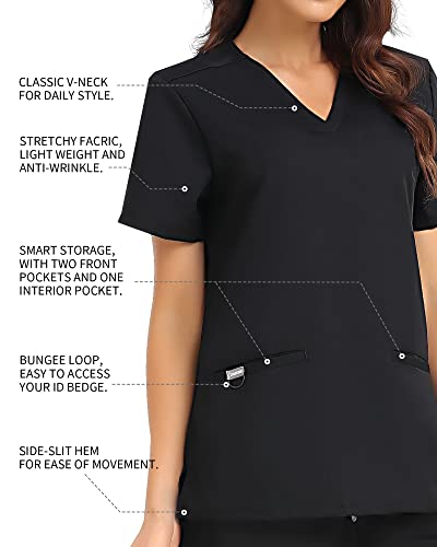 COMENII Scrub Tops for Women, 3 Pocket Soft V-Neck Tailored Fit Workwear, Anti-Wrinkle Medical Scrubs for Women（Black M）