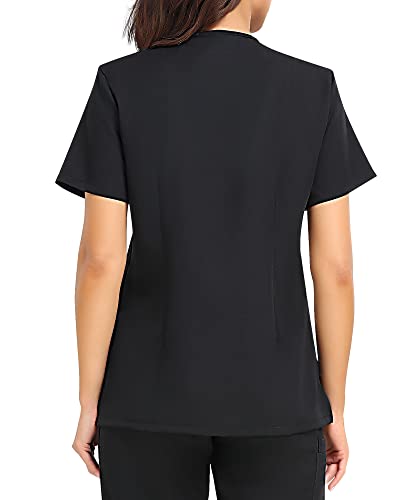 COMENII Scrub Tops for Women, 3 Pocket Soft V-Neck Tailored Fit Workwear, Anti-Wrinkle Medical Scrubs for Women（Black M）