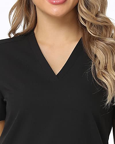 COMENII Scrub Tops for Women, 3 Pocket Soft V-Neck Tailored Fit Workwear, Anti-Wrinkle Medical Scrubs for Women（Black M）