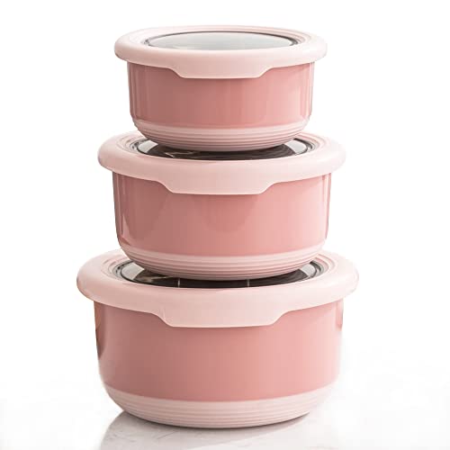 Lille Home Premium Stainless Steel Food Containers/Bento Lunch Box With Anti-Slip Exterior, Set of 3, 420ML, 730ML,1.2L, Leakproof, BPA Free, Portion Control (Pink)