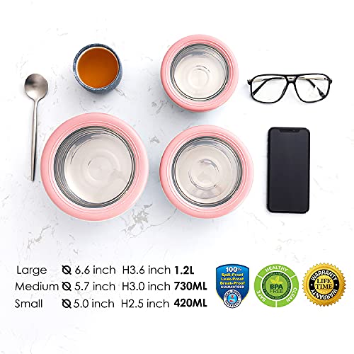 Lille Home Premium Stainless Steel Food Containers/Bento Lunch Box With Anti-Slip Exterior, Set of 3, 420ML, 730ML,1.2L, Leakproof, BPA Free, Portion Control (Pink)