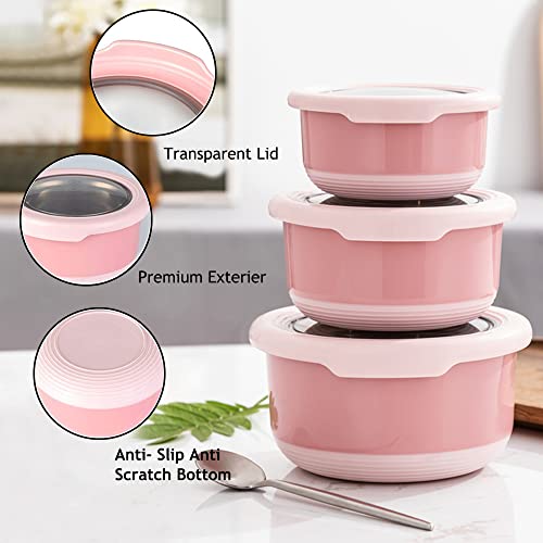 Lille Home Premium Stainless Steel Food Containers/Bento Lunch Box With Anti-Slip Exterior, Set of 3, 420ML, 730ML,1.2L, Leakproof, BPA Free, Portion Control (Pink)