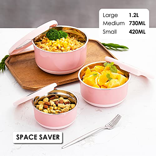 Lille Home Premium Stainless Steel Food Containers/Bento Lunch Box With Anti-Slip Exterior, Set of 3, 420ML, 730ML,1.2L, Leakproof, BPA Free, Portion Control (Pink)