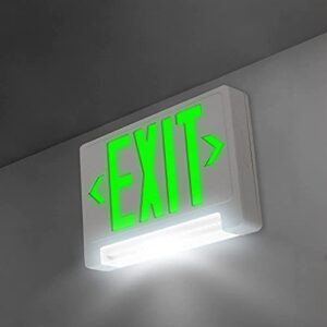 LFI Lights | Compact Combo Green Exit Sign with Emergency Lights | White Housing | All LED | Adjustable Light Bar | Hardwired with Battery Backup | UL Listed | (1 Pack) | COMBOLP-G