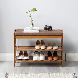 bamboo 3 tier shoe rack bench, shoe organizer or entryway bench, with storage and foam pad seat shoe rack, perfect for hallway living room bedroom corridor