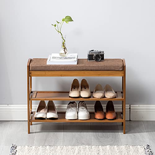 Bamboo 3 Tier Shoe Rack Bench, Shoe Organizer or Entryway Bench, with Storage and Foam Pad Seat Shoe Rack, Perfect for Hallway Living Room Bedroom Corridor