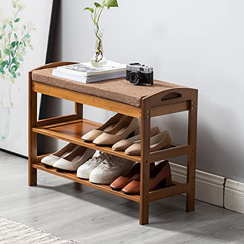 Bamboo 3 Tier Shoe Rack Bench, Shoe Organizer or Entryway Bench, with Storage and Foam Pad Seat Shoe Rack, Perfect for Hallway Living Room Bedroom Corridor