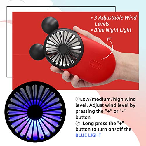 DecoLife Cute Mickey Personal Mini Fan, Handheld & Portable USB Rechargeable Fan with Beautiful LED Light, 3 Adjustable Speeds, Portable Holder, Perfect for Indoor Or Outdoor Activities (2Pcs)