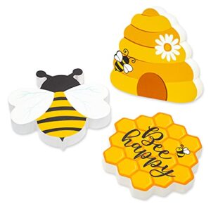 k1tpde 3pcs farmhouse honey bee tiered tray sign, wooden honey bee tiered tray sign decoration, bee sign kitchen table decor, wooden honey sign for garden party decor, bee happy kitchen decor