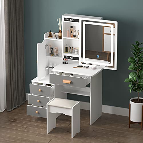 FAMAPY Vanity Desk with Mirror and Lights and Drawers, Vanity Mirror with Lights Desk and Chair, Wood Makeup Vanity with Drawers & Shelves, Cushion Stool, for Bedroom White and Grey