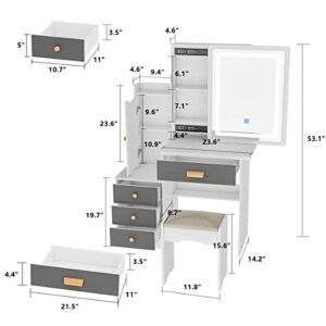 FAMAPY Vanity Desk with Mirror and Lights and Drawers, Vanity Mirror with Lights Desk and Chair, Wood Makeup Vanity with Drawers & Shelves, Cushion Stool, for Bedroom White and Grey