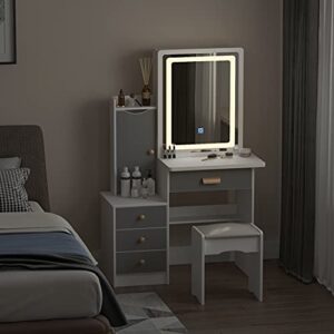 FAMAPY Vanity Desk with Mirror and Lights and Drawers, Vanity Mirror with Lights Desk and Chair, Wood Makeup Vanity with Drawers & Shelves, Cushion Stool, for Bedroom White and Grey