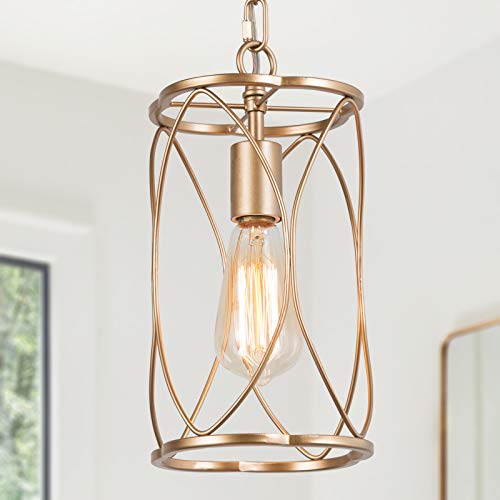 Optimant Lighting Gold Pendant Lighting for Kitchen Island, Modern Cage Hanging Light Fixture for Hallway, Dining Room, Foyer and Bedroom