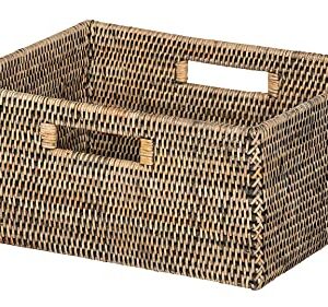 La Jolla Rattan Shelf Basket with Handles, Medium, Black-Wash