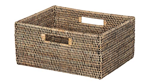 La Jolla Rattan Shelf Basket with Handles, Medium, Black-Wash