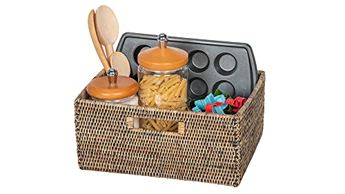 La Jolla Rattan Shelf Basket with Handles, Medium, Black-Wash