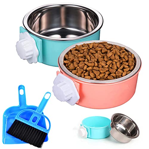 HERCOCCI Crate Dog Bowl, Removable Stainless Steel Pet Kennel Cage Hanging Food Bowls and Water Feeder Coop Cup Prevent Overflow for Puppy, Medium Dog, Cat, Rabbit, Ferret (2PCS)