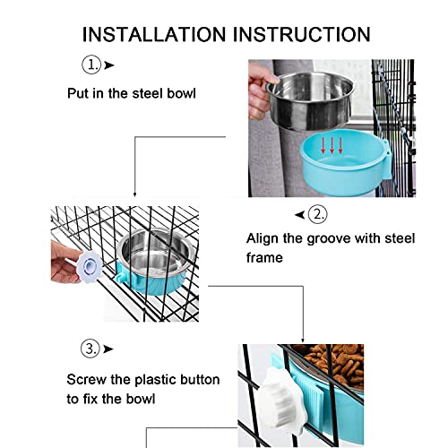 HERCOCCI Crate Dog Bowl, Removable Stainless Steel Pet Kennel Cage Hanging Food Bowls and Water Feeder Coop Cup Prevent Overflow for Puppy, Medium Dog, Cat, Rabbit, Ferret (2PCS)