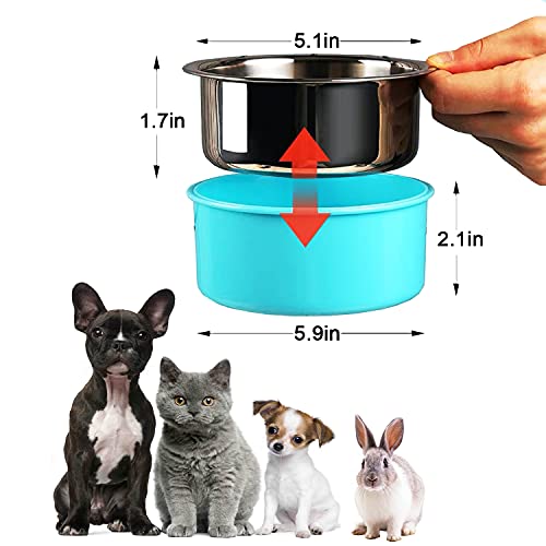 HERCOCCI Crate Dog Bowl, Removable Stainless Steel Pet Kennel Cage Hanging Food Bowls and Water Feeder Coop Cup Prevent Overflow for Puppy, Medium Dog, Cat, Rabbit, Ferret (2PCS)