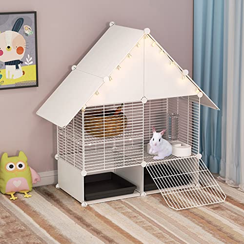 DuvinDD 2-Story Rabbit Cage Indoor Bunny Hutch with 2 Deep Pull-Out Trays and Urine Guard, Guinea Pig Cage Metal Wire Netting Villa, Small Animals House for Ferret, Chinchilla, Hedgehog (White)