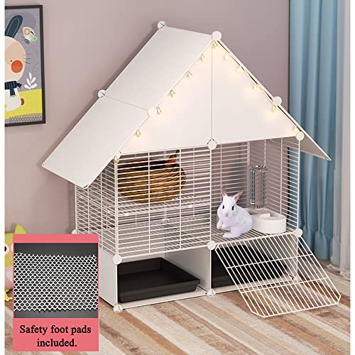 DuvinDD 2-Story Rabbit Cage Indoor Bunny Hutch with 2 Deep Pull-Out Trays and Urine Guard, Guinea Pig Cage Metal Wire Netting Villa, Small Animals House for Ferret, Chinchilla, Hedgehog (White)