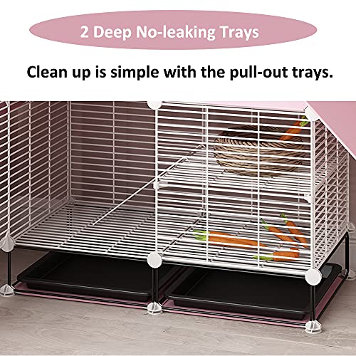 DuvinDD 2-Story Rabbit Cage Indoor Bunny Hutch with 2 Deep Pull-Out Trays and Urine Guard, Guinea Pig Cage Metal Wire Netting Villa, Small Animals House for Ferret, Chinchilla, Hedgehog (White)