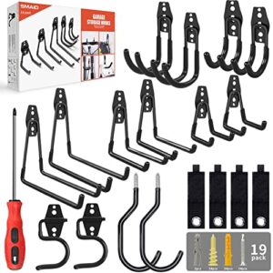 garage hooks, 19 pack heavy duty garage storage hooks steel tool hangers for garage wall mount utility hooks and hangers with anti-slip coating for garden tools organizer, ladders, bikes, bulky items