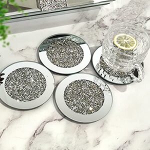 gimorrto glass mirrored coaster 4 pc , crushed diamond round 4" cup mat decor on tabletop for bar tools dining table