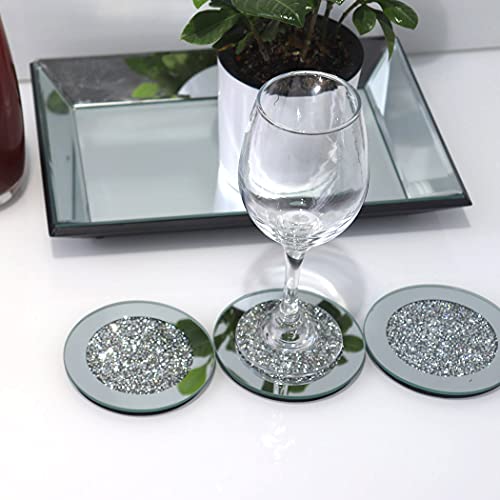 GIMORRTO Glass Mirrored Coaster 4 PC , Crushed Diamond Round 4" Cup Mat Decor on Tabletop for Bar Tools Dining Table